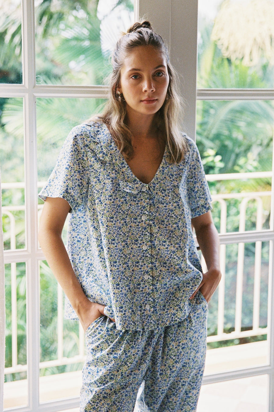 Penelope Sleep Set - Pants - Cotton - Floret Blue – Piyama USD