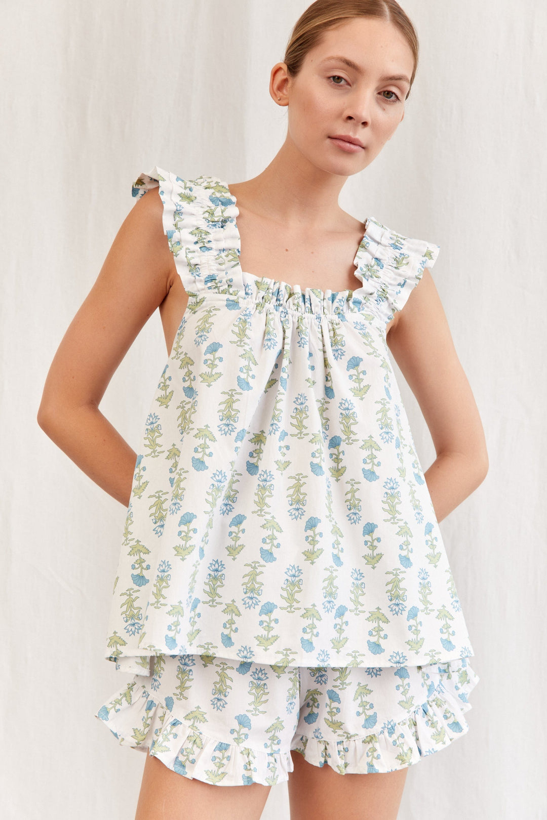 Nicolette Sleep Set - Cotton - Lotus Flower - Blue – Piyama USD